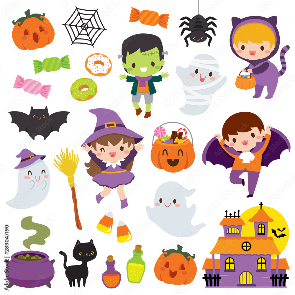 Halloween clipart set with cute cartoon characters of children ...