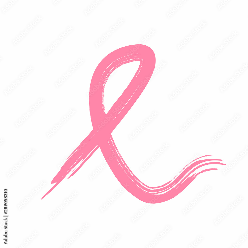 Pink ribbon drawn by hand with rough brush. Watercolor breast cancer ...