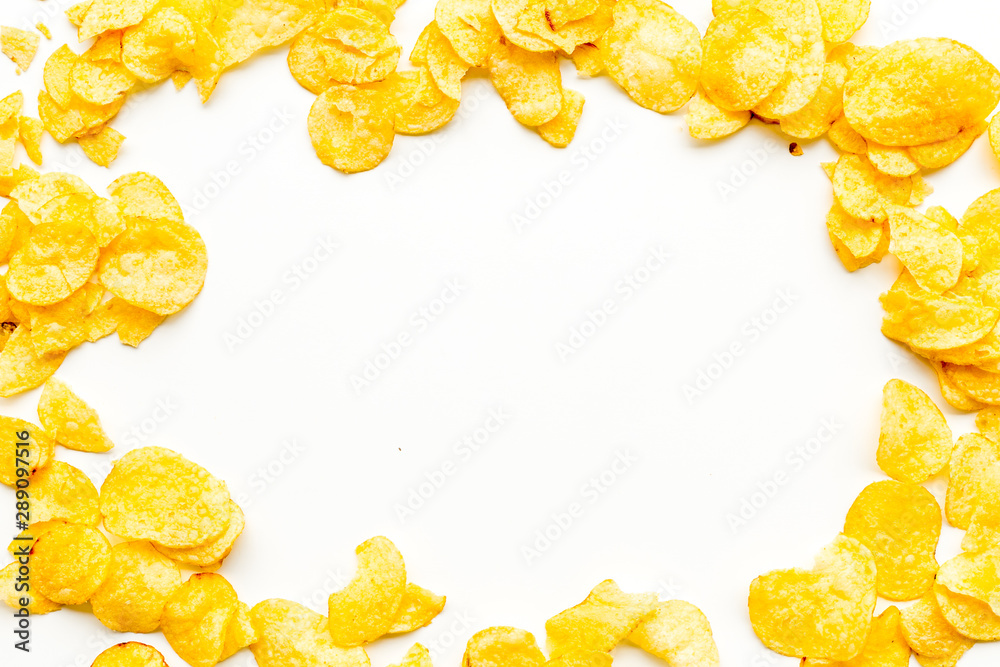 potato chips frame on white background top view space for text Stock ...
