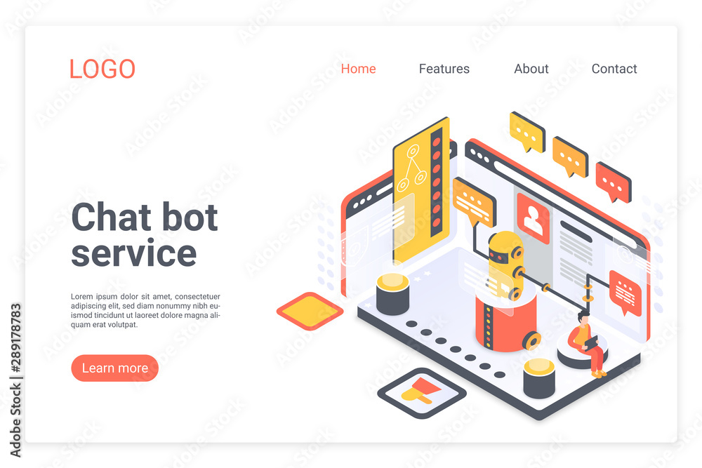 Chat bot service isometric vector landing page template. Customer ...
