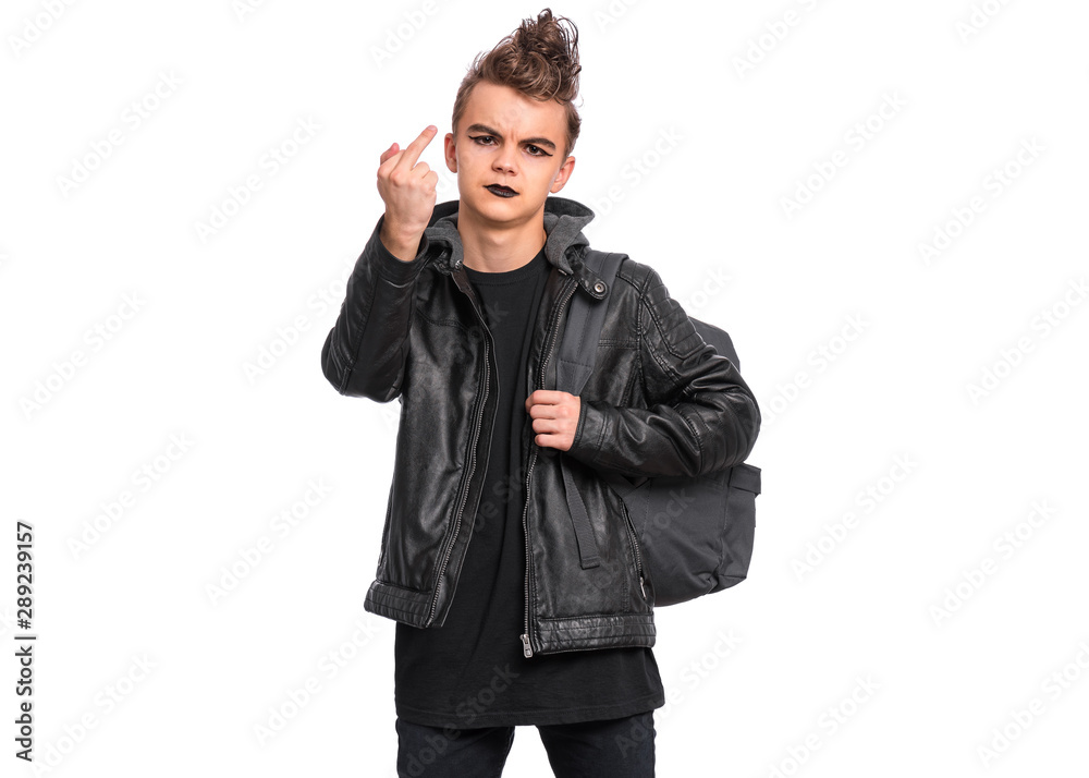 Angry teen boy student with backpack in style of punk goth dressed in ...