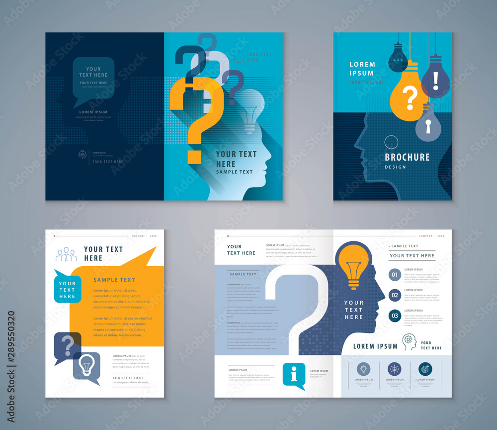 Cover Book Design Set, colorful Human head with Light Bulb and Question ...