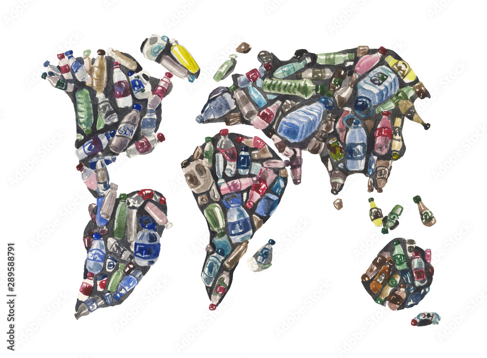 Watercolor world map collected from empty discarded plastic bottles ...
