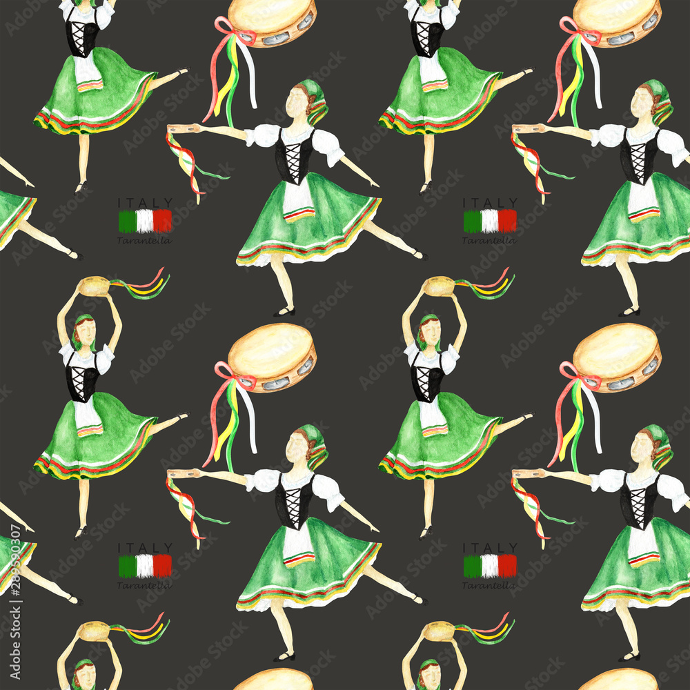 Seamless pattern Dancers in national costume an Italian tarantella with ...