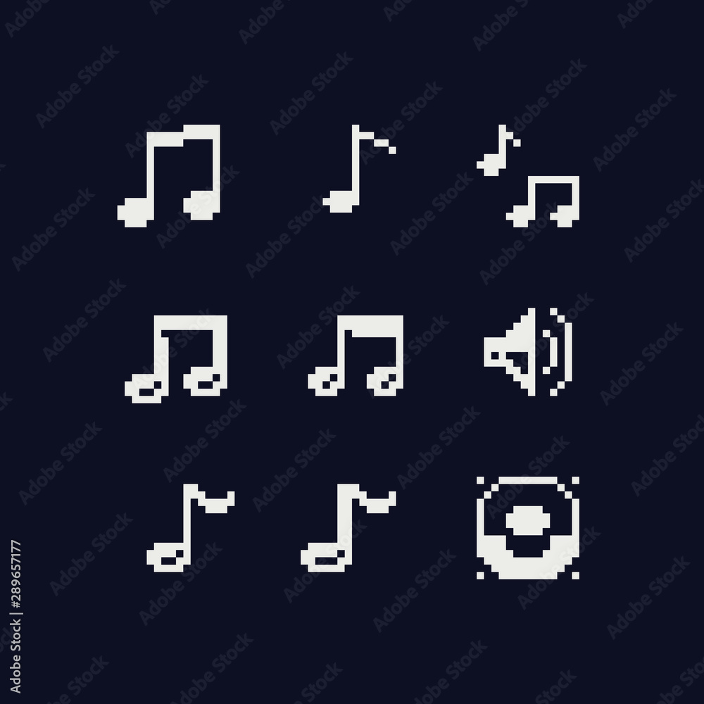 Music notes pixel art icons set. 8-bit sprite. Old school computer ...