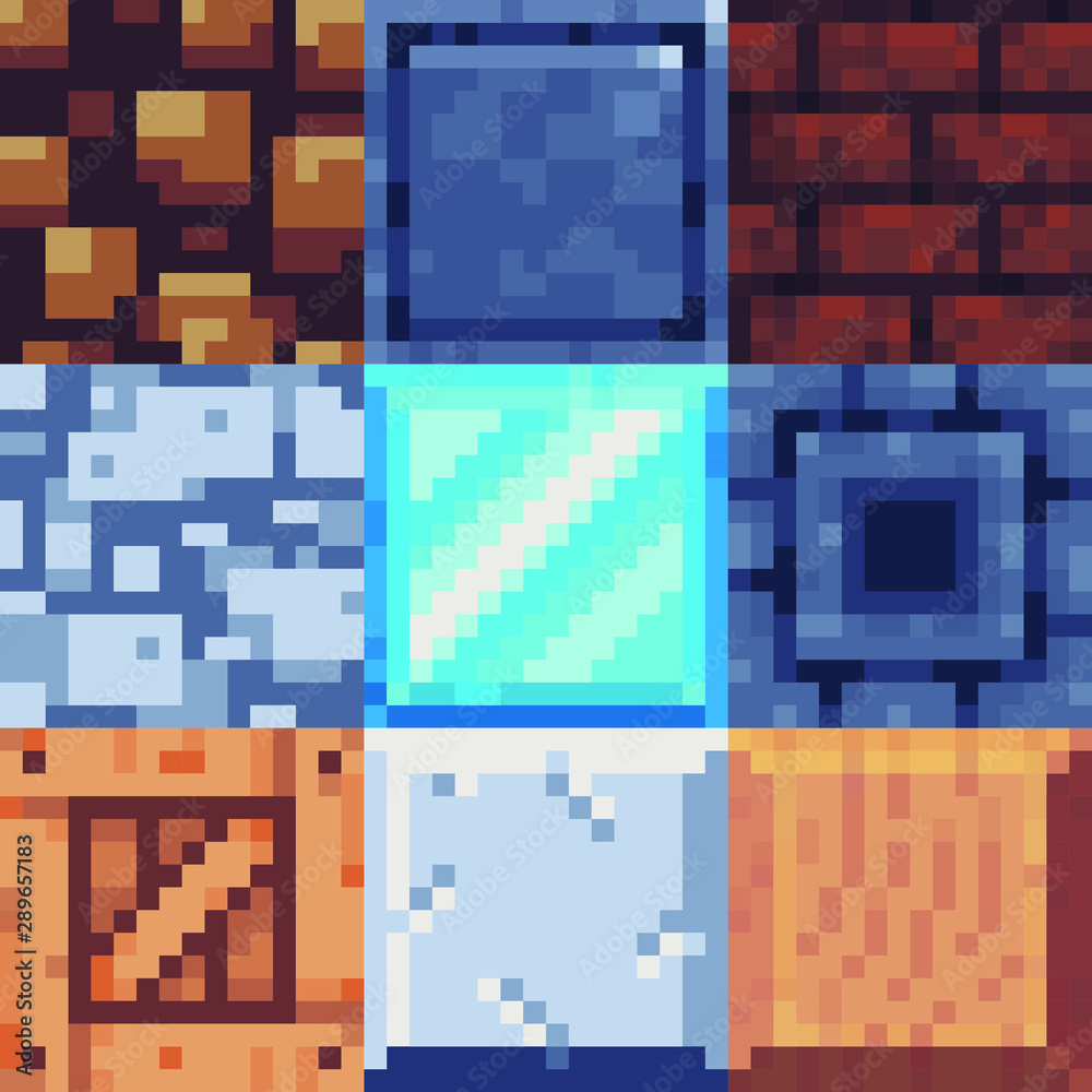 Vector de Stock Different texture tile seamless pattern set for pixel art style game, ground or ...