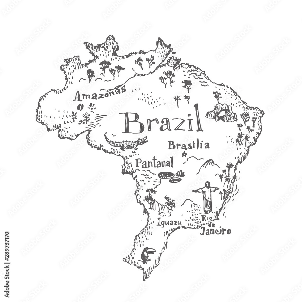 Brazil map with symbols and landmarks. Vector vintage hand drawn illustration. Black and white ...