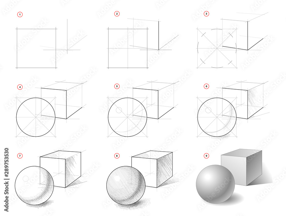 How to draw step-wise still life sketch of geometric shapes, cube, ball ...