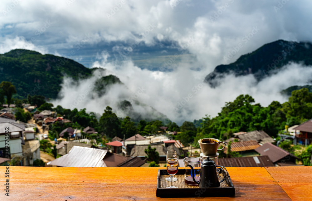 coffee drip set with misty mountain background, Doi Pha Hee, Chiang Rai ...