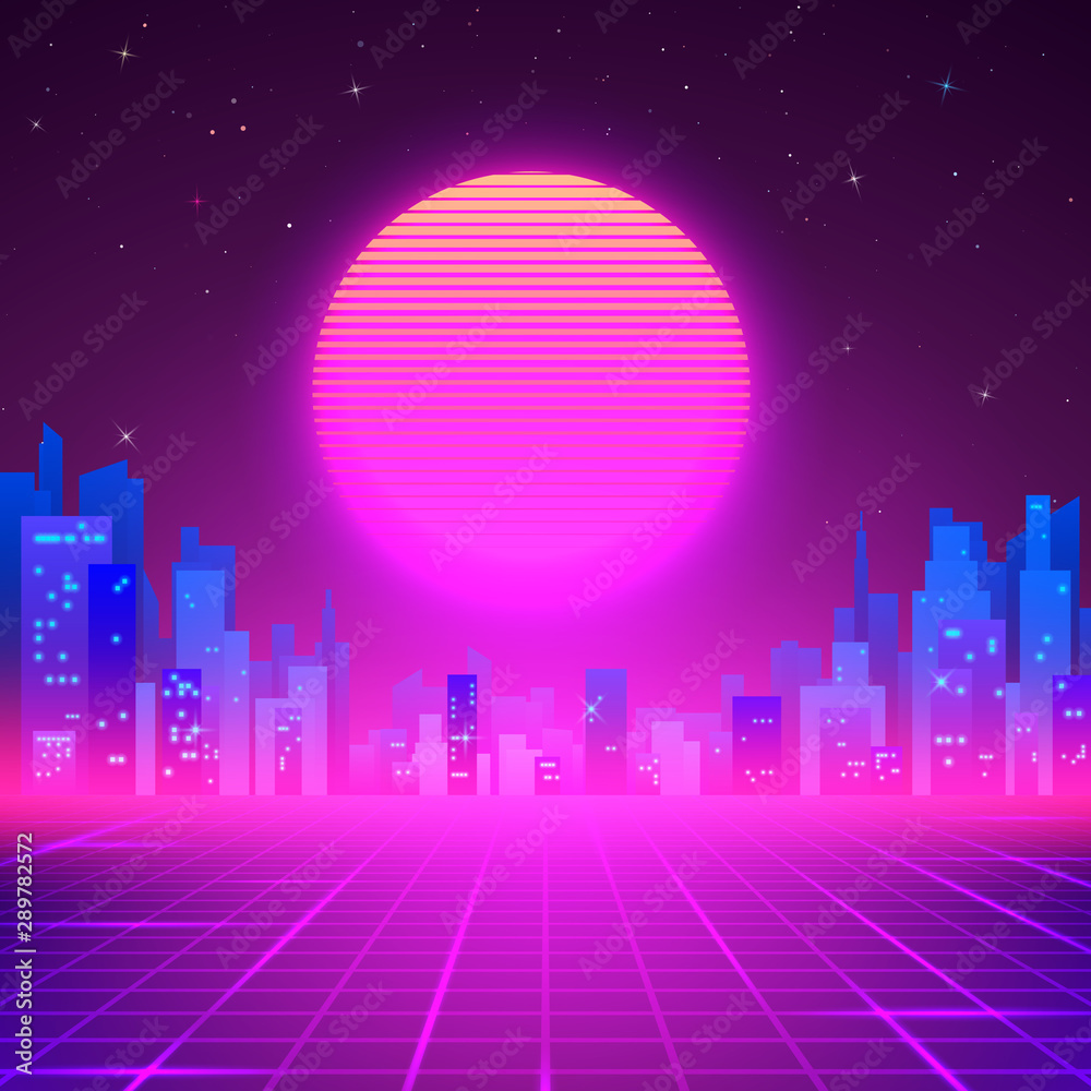 Silhouetted Night City on Skyline. 80s Retro Sci-Fi Background ...