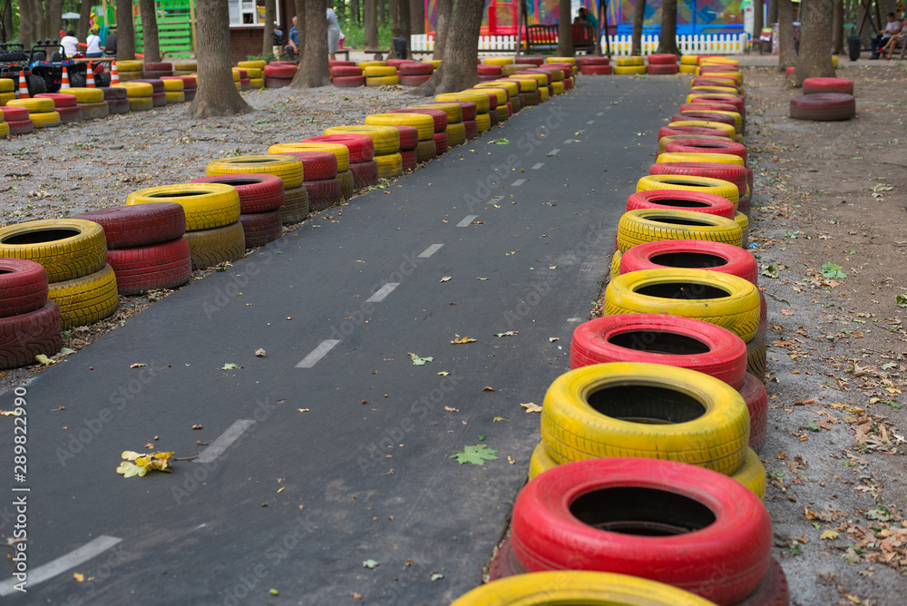 An empty bend nn a race car circuit go-kart racetrack circuit. Small ...