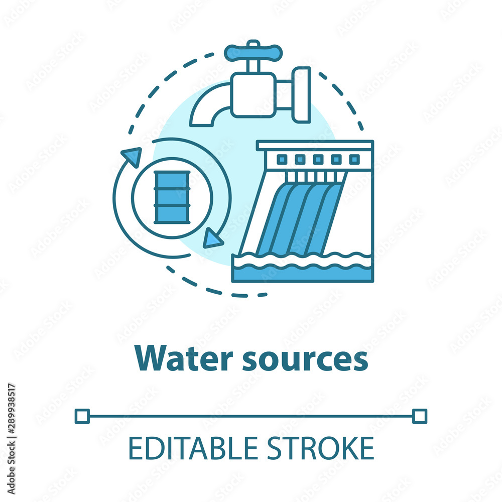 Water sources concept icon. Drinking water supplies idea thin line ...