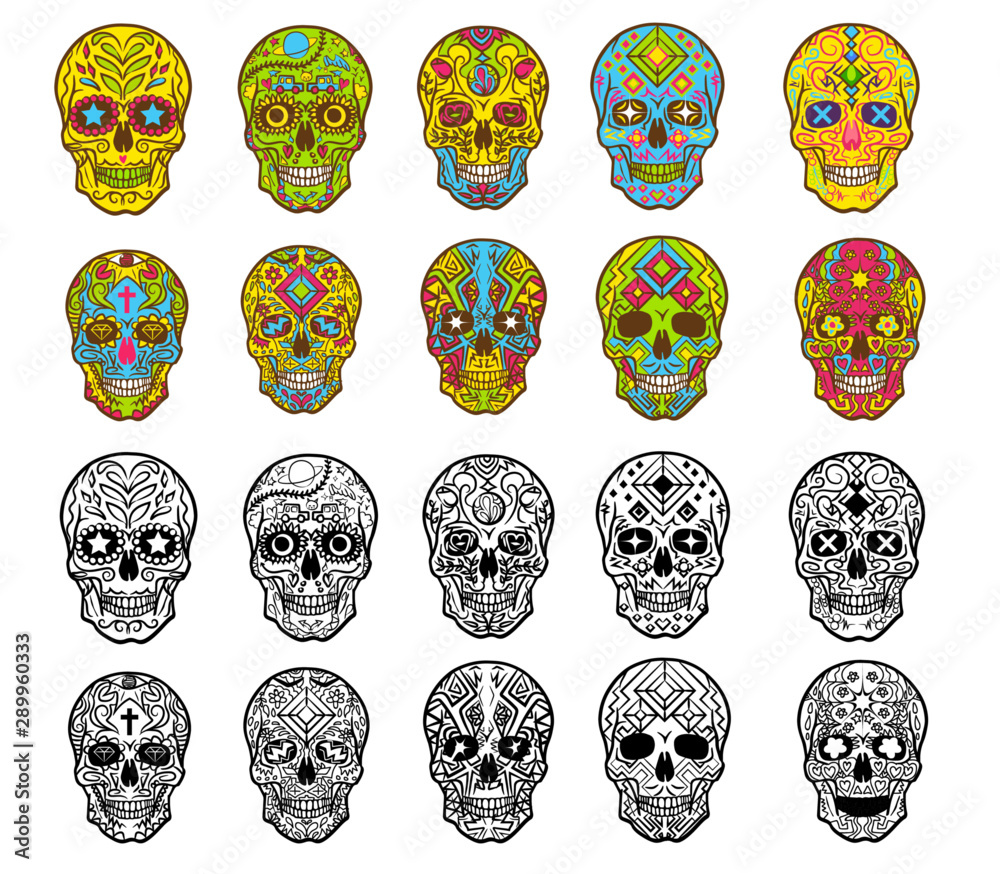 sugar skull vector set clipart design Stock Vector | Adobe Stock