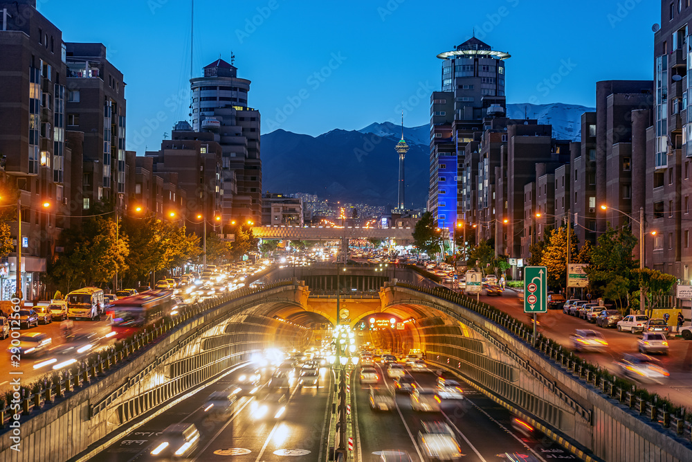 06/05/2019 Tehran,Iran,Famous night view of Tehran,Flow of traffic ...