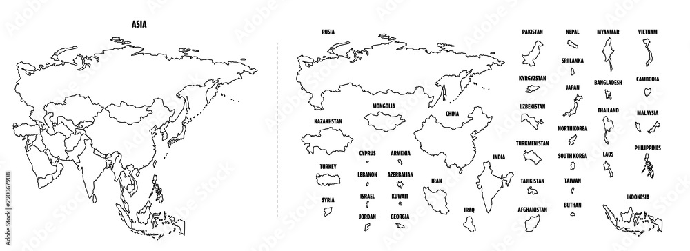 Asia outline map with each country isolated. Stock Vector | Adobe Stock