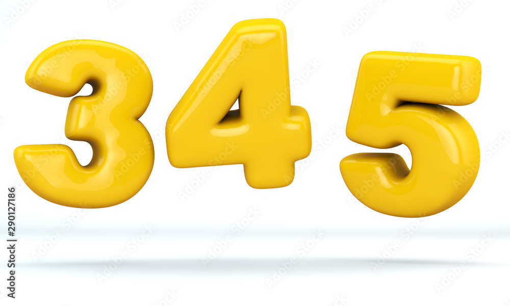 Numbers glossy plastic yellow, numbers 3, 4, 5. 3D render of bubble ...