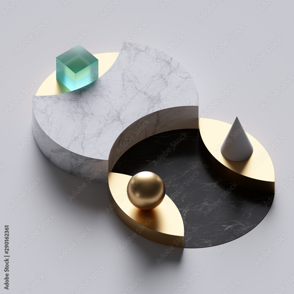 3d render, abstract simple geometrical shapes standing on round marble ...