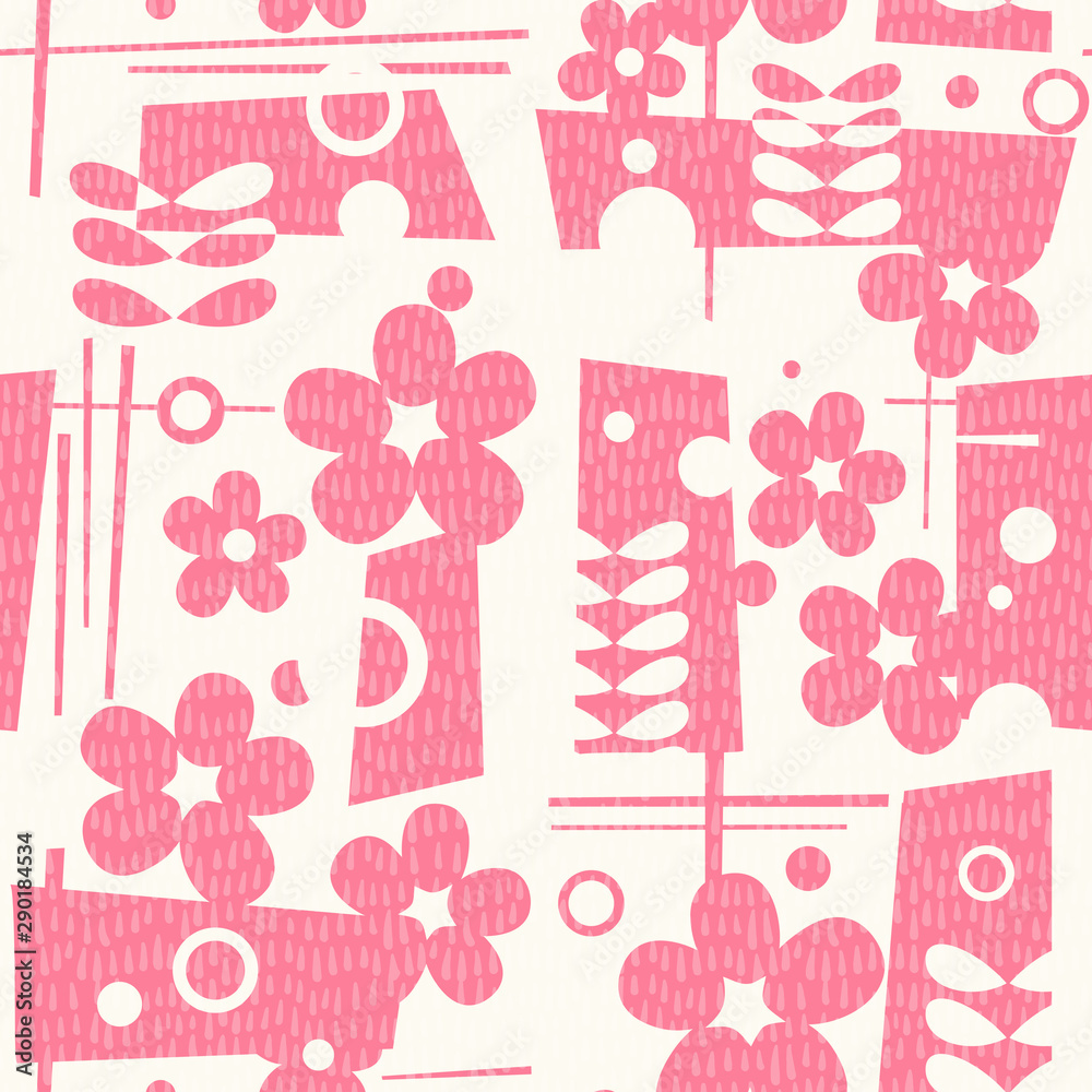 seamless mid century modern Spring pattern with flowers and geometric ...