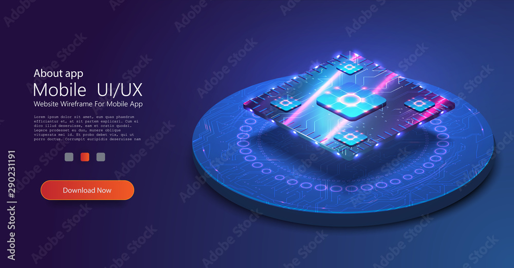 Futuristic microchip processor with lights on the blue background. Quantum computer, large data ...