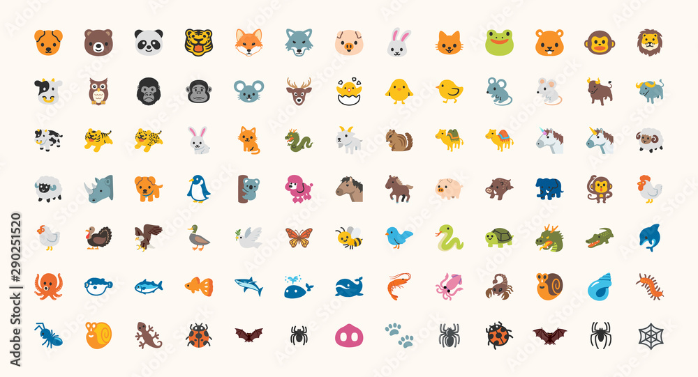 All Animals Vector Icons, Emojis Set. Colored Line Wildlife Symbols ...