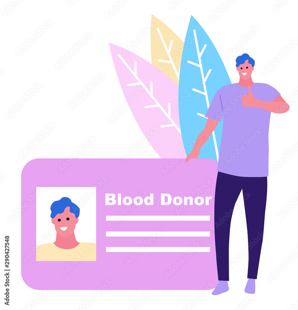 Blood donor smiling, shows his thumb. the identity of the donor. Flat ...