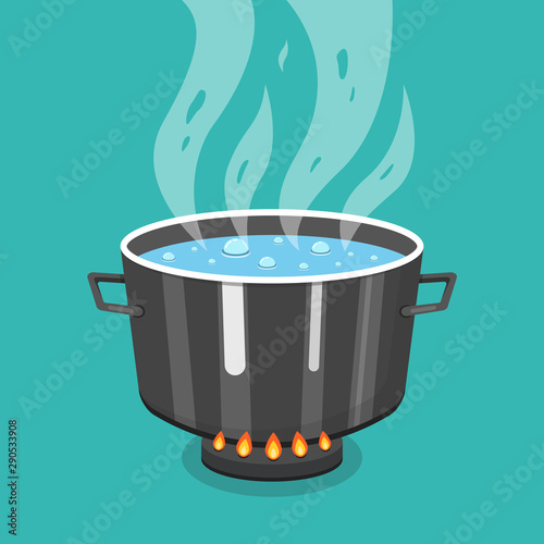 Boiling Water In Pan Cooking Pot On Stove With Water And Steam Flat