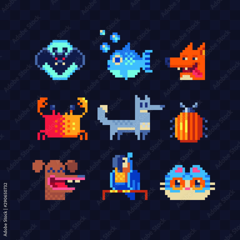 Vector de Stock Funny animals character set, bat, crab, fish, cat ...