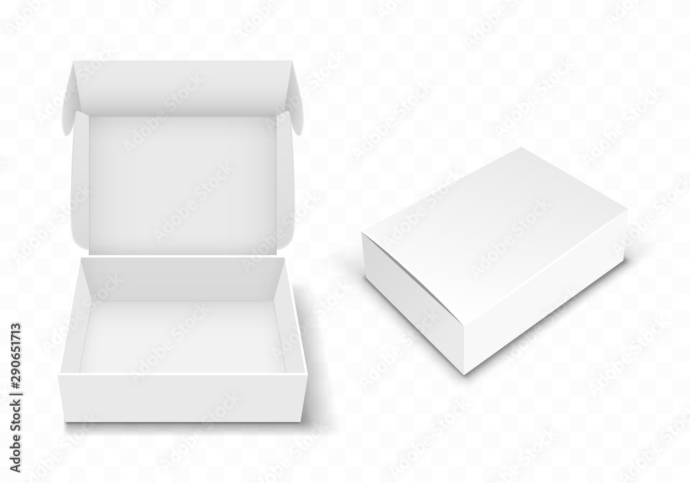 White blank cardboard box with flip top, realistic vector illustration ...