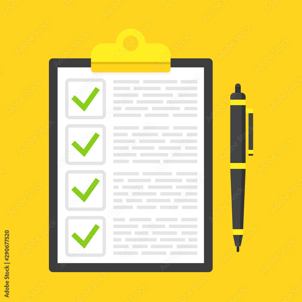 Clipboard with green ticks checkmarks and black pen. Vector ...