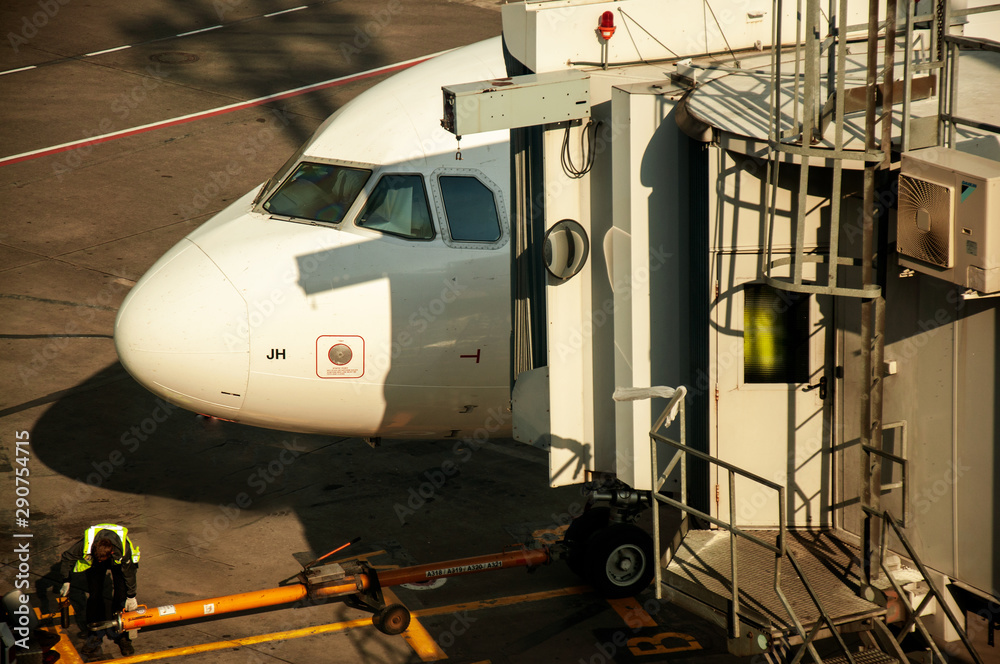 Teletrap connected to the aircraft. The telescopic ladder is connected ...