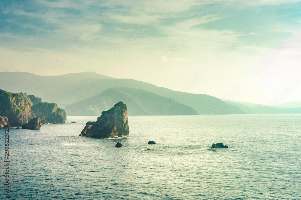 Sunset in front of Bakio beach, seen from San Juan de Gaztelugatxe ...