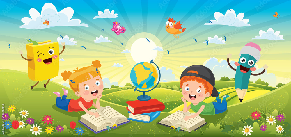 Children Having Fun At Spring Landscape Stock Vector | Adobe Stock