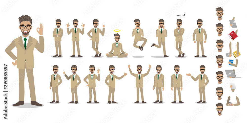 Businessman cartoon character set. Handsome business man in office ...