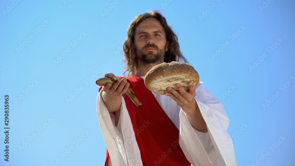 Jesus showing fish and bread, biblical story, miracle about feeding ...
