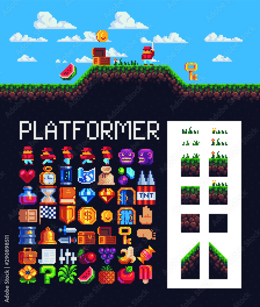 2d Platformer set for pixel art style game, isolated vector. 8 Bit ...