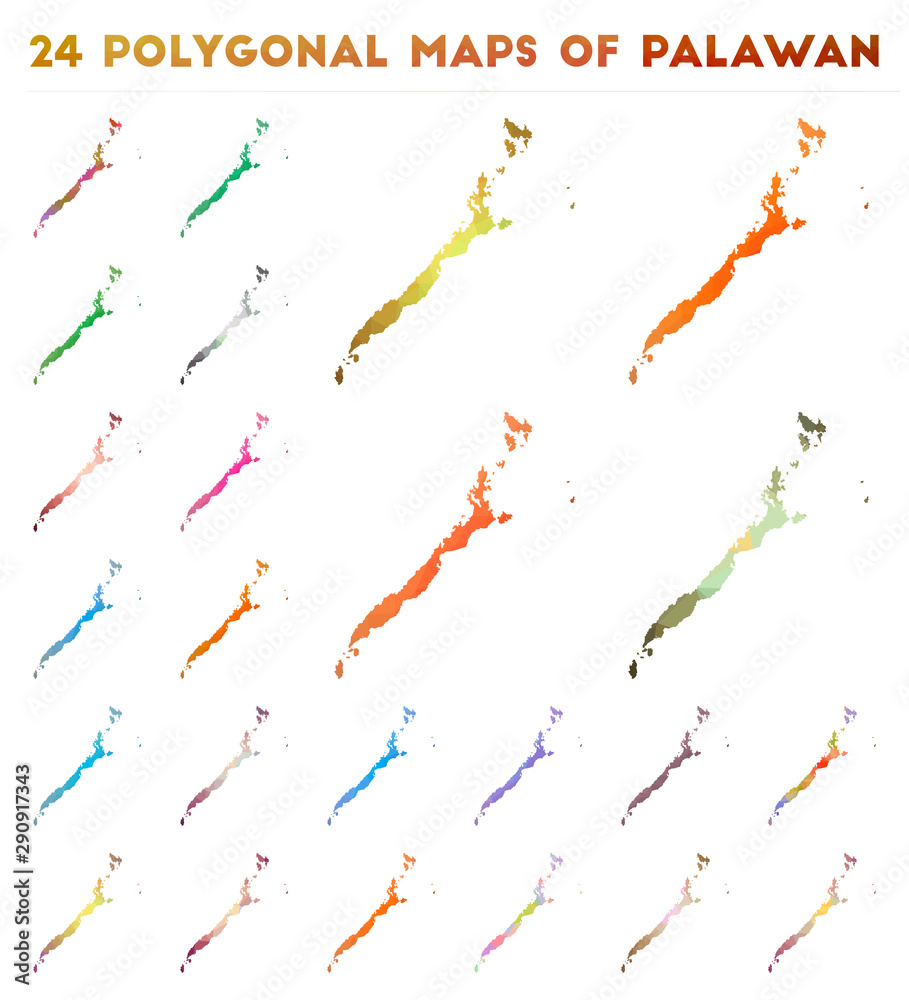 Set of vector polygonal maps of Palawan. Bright gradient map of the ...