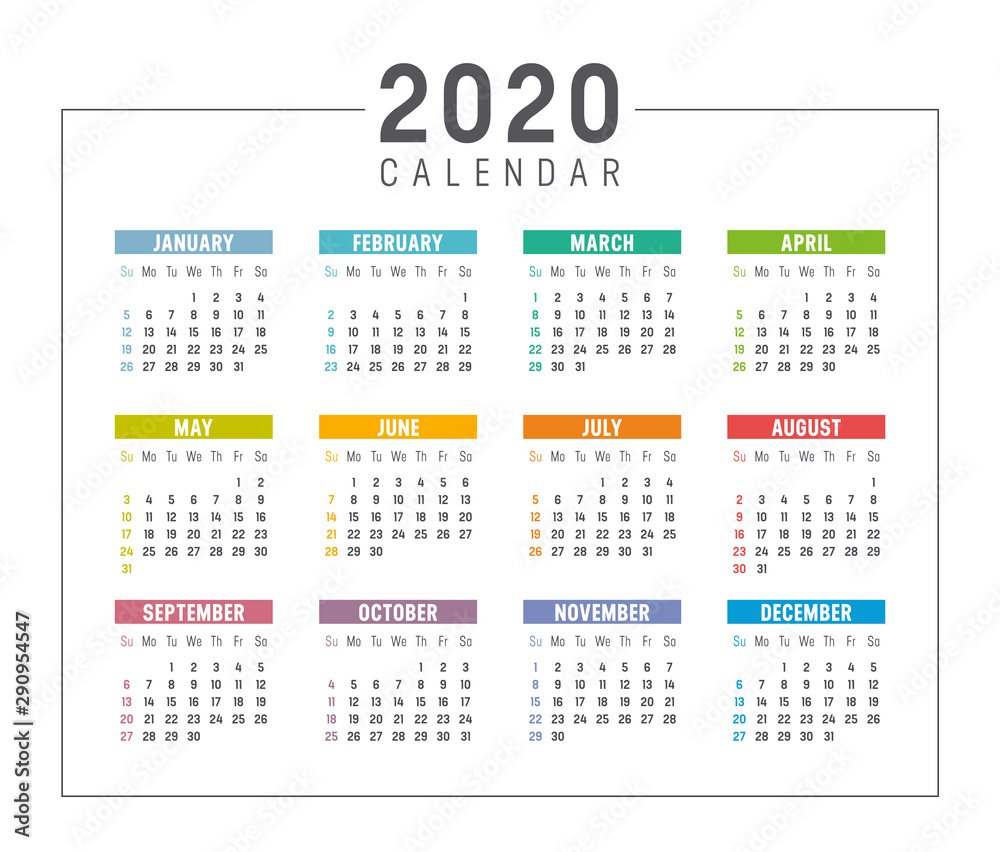 Colorful year 2020 calendar vector template. Week starts Sunday. Stock ...