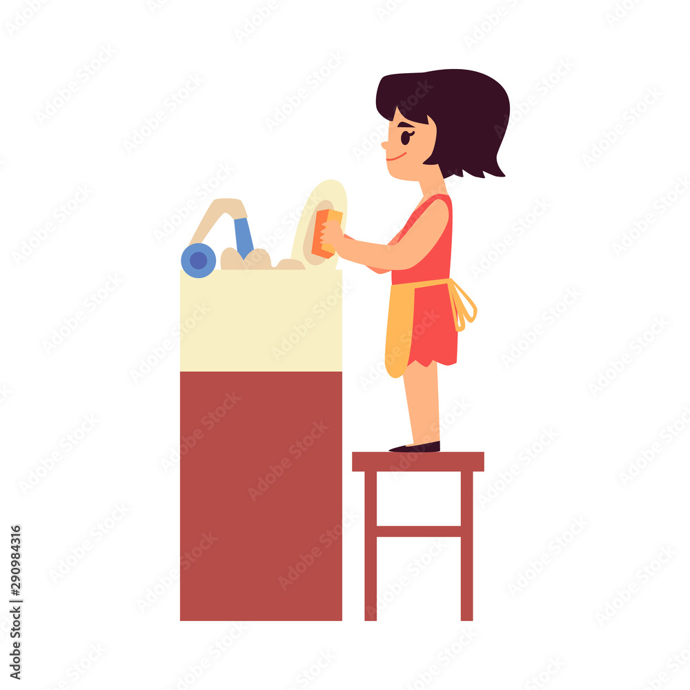 Cartoon child doing the dishes - happy little girl on a chair washing a ...