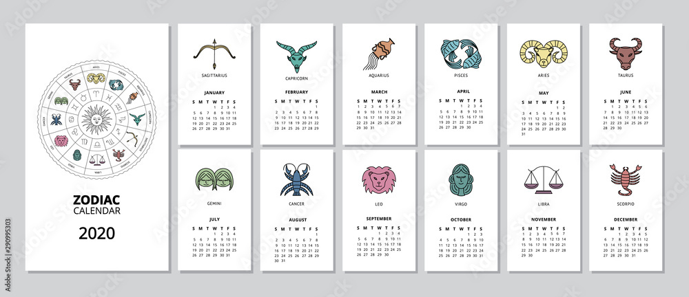 2020 monthly Zodiac calendar with star sign page for every month Stock ...