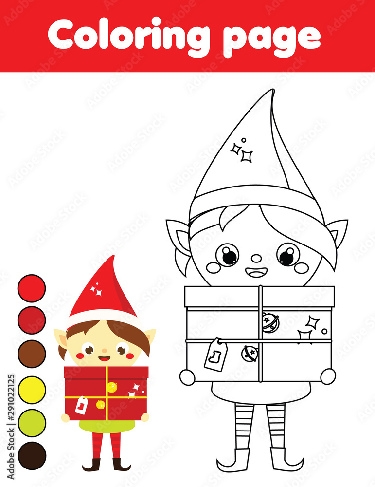 Coloring page with Christmas elf. Printable activity for children, kids ...