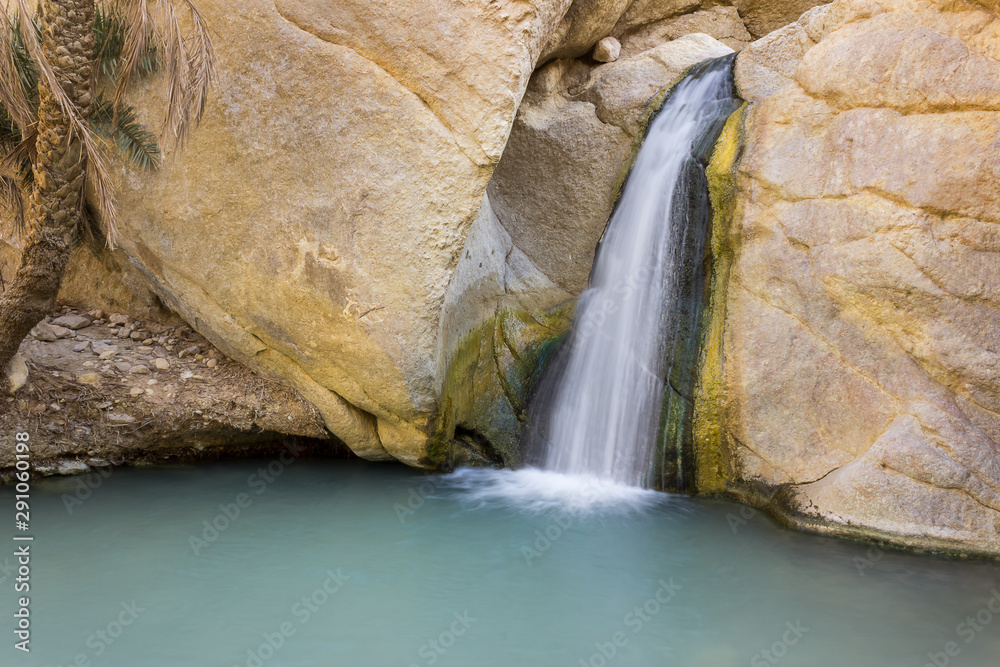 Beautiful, iconic, Sahara desert mountain oasis Chebika waterfall, palm ...
