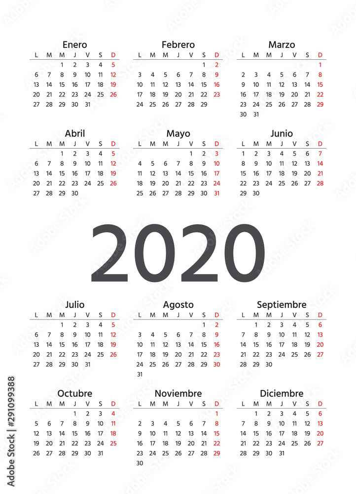 Spanish Calendar 2020 year. Vector. Week starts Monday. Spain calender ...