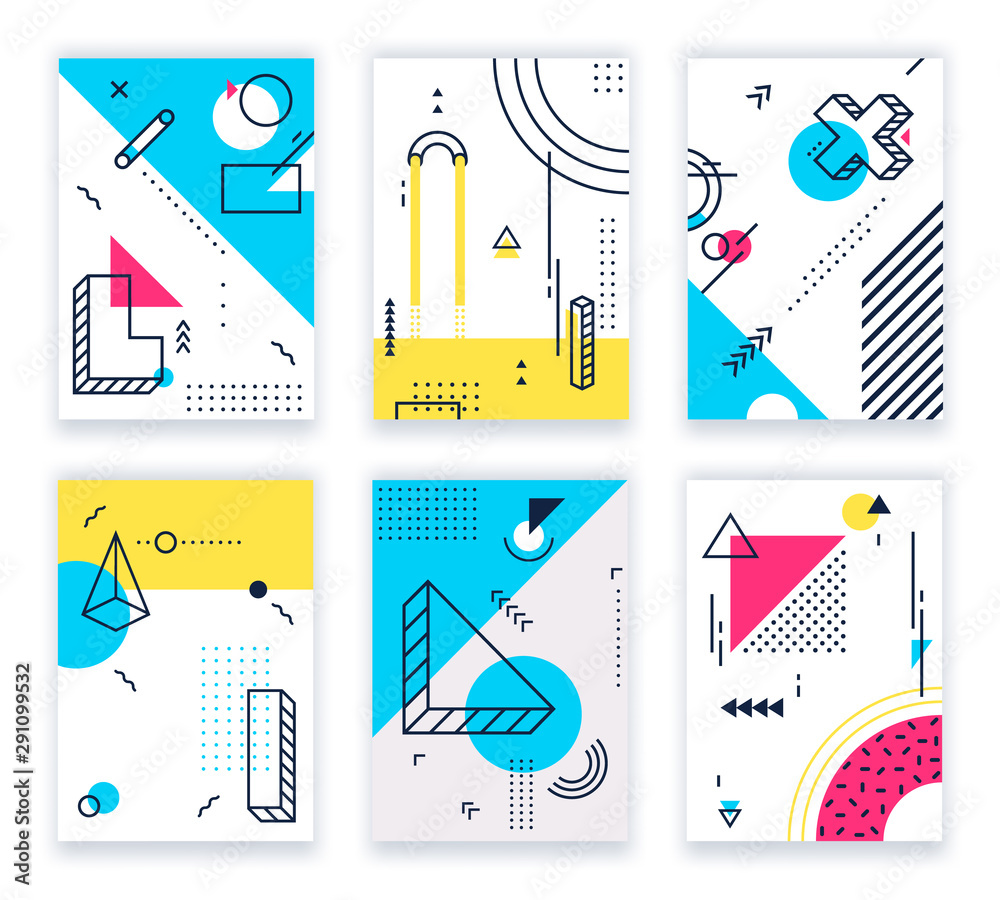 Geometric shapes posters. Abstract geometrical shapes cards, funky 80s ...