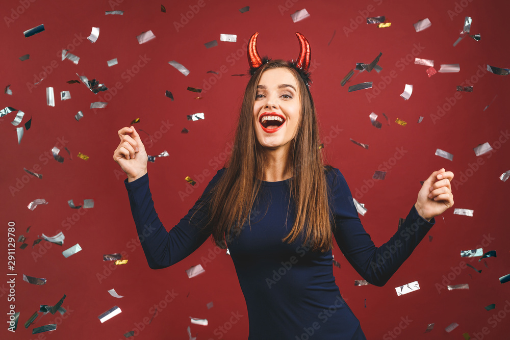 Halloween party girl. Beauty Portrait Sexy Devil Woman. Beauty Fashion ...
