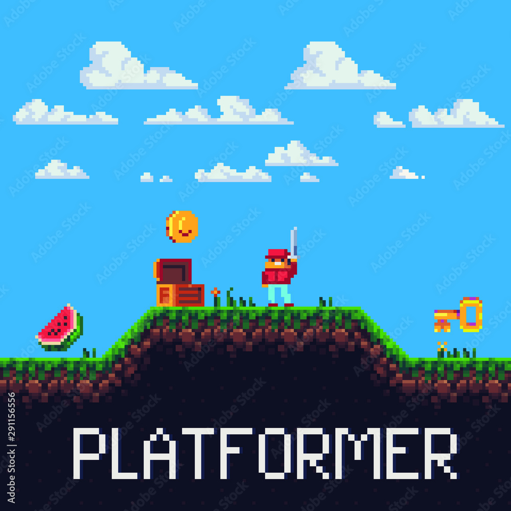 2d Platformer set for pixel art style game, isolated vector. 8 Bit ...