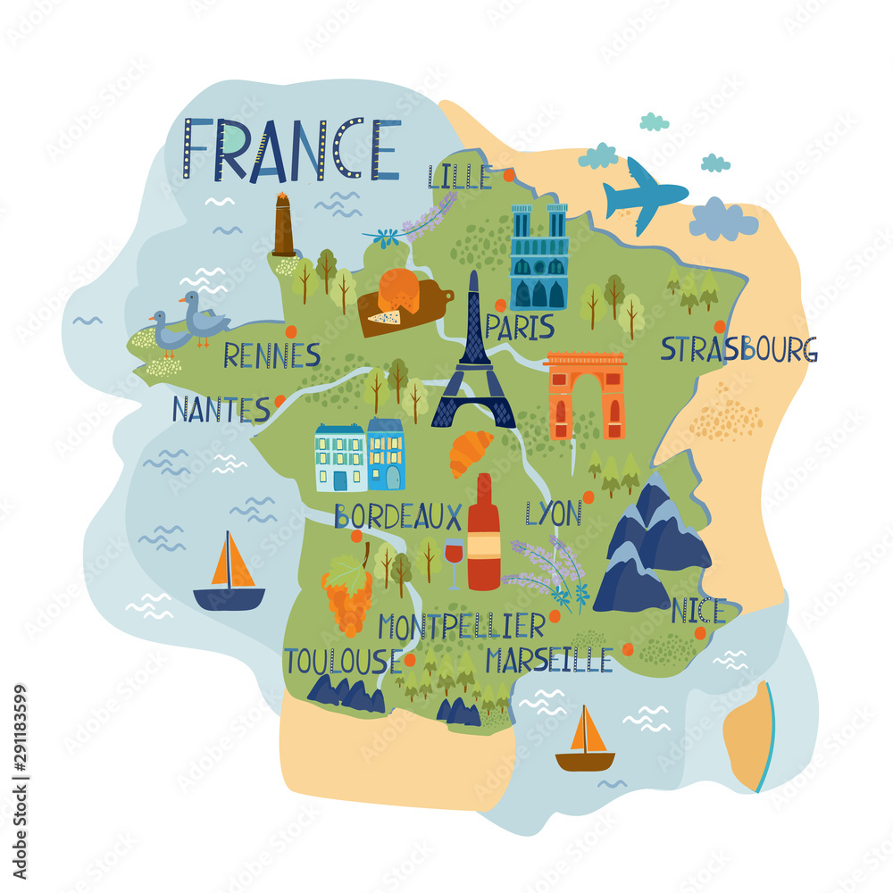vector map of france. European country. french food and architecture ...