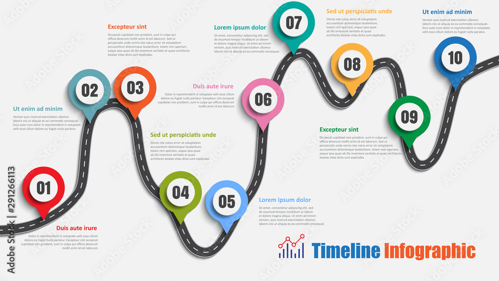 Road map business timeline infographic with 10 steps designed for ...