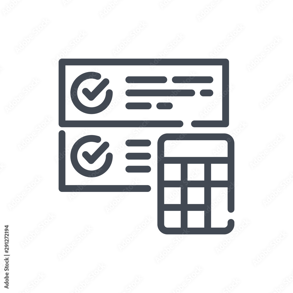 Report calculation line icon. Approved plan with ticks and calculator ...