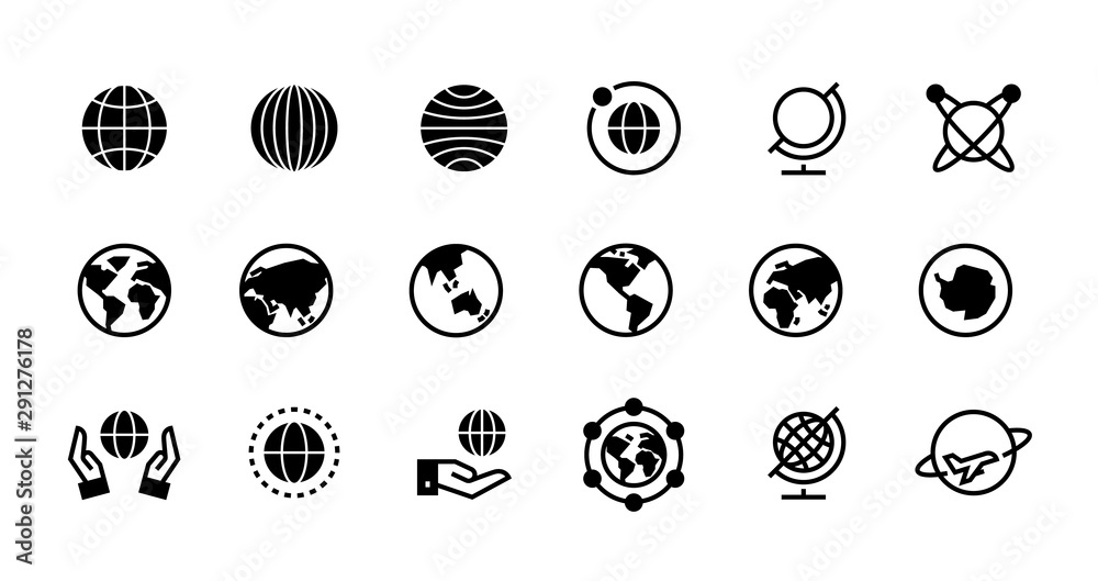 Globe icons. Geography and destination line and black symbol for web ...