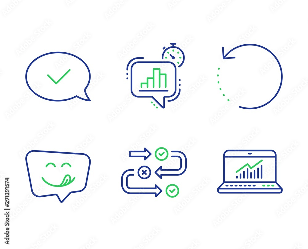 Statistics timer, Approved message and Survey progress line icons set. Yummy smile, Recovery ...